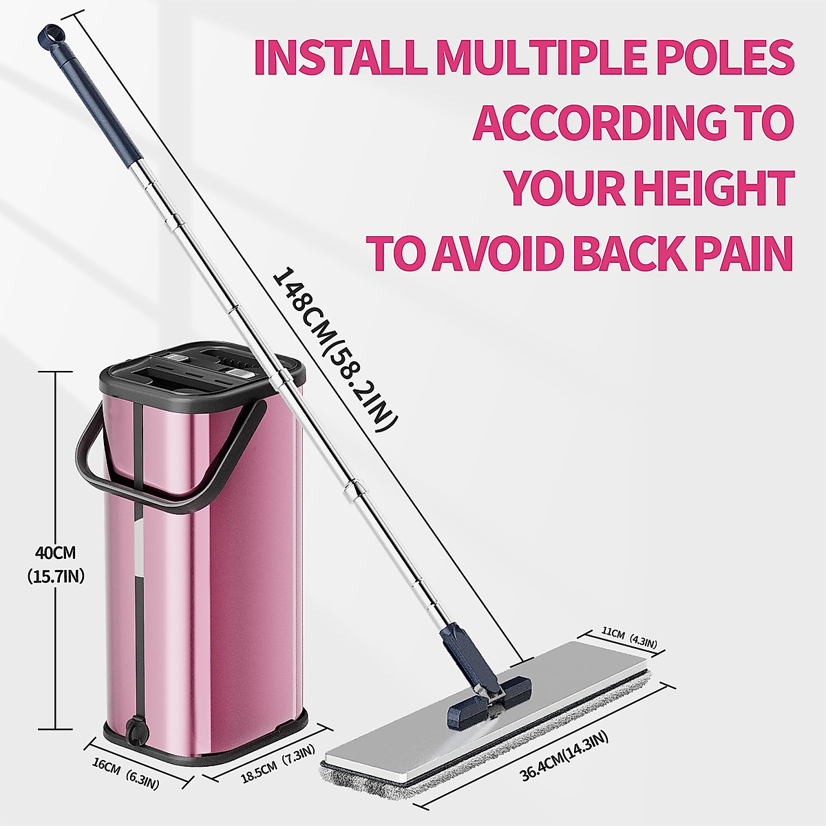 SWIFTIRON Flat Mop and Bucket for Home with Extra Refills, Stainless Steel Mop and Bucket with Wringer, Hands-Free Mop, Wet and Dry Use Mop with Long Handle (Purple)