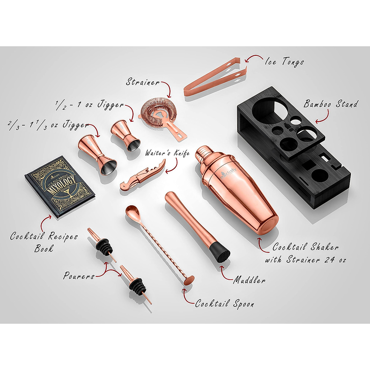 ROCKSLY MIXOLOGY BAR Set Premium Bartender Kit, Rectangular Tool Stand, Cocktail Shaker Strainer, Jiggers, Spoon, Tongs, Muddler, Pourers, Opener 10 Pc