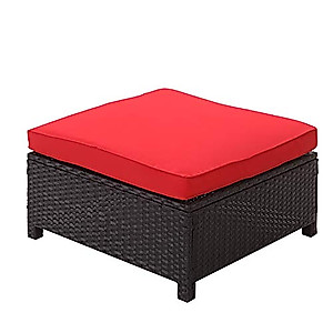 Patio Sofa Furniture Sets 5 Piece, Outdoor PE Wicker Rattan Conversation Sofa Set with Coffee Table, Wine Red (Black Rattan)