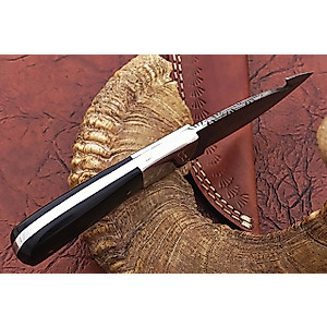 HUNTEX Handmade Hand-Forged Ladder Pattern Damascus Steel 8 Inch Long Full Tang Natural Buffalo Horn Handle Razor Sharp Hunting Camping Gut Hook Knife w/Genuine Leather Pouch