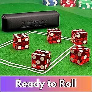 Luck Lab Grade AAA 19mm Casino Dice with Razor Edges and Matching Serial Numbers Set of 5 and Leather Dice Case (Red)