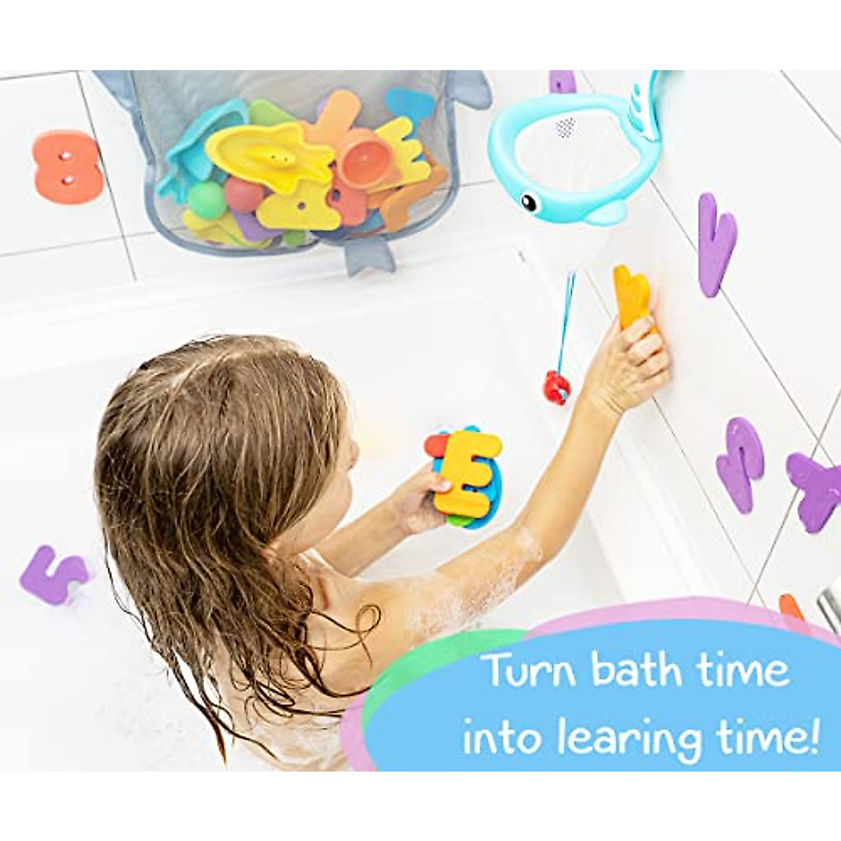 Comfylife 2 x Mesh Bath Toy Organizer + 6 Ultra Strong Hooks + 36 Bath Letters & Numbers – Eco-Safe, Fun, Educational Foam Baby Bath Letters and Perfect Toy Storage Net for Baby Bath Toys & More