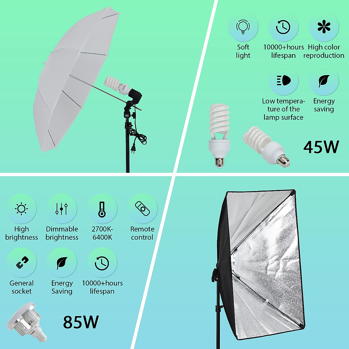 PioneerWorks Photography Lighting kit with Backdrops, 8.5ftx10ft Backdrop Stand, 5 tripod stands and Bulb, Umbrella Softbox Continuous Lighting, Photo Studio Equipment for Portrait Product Photo Shoot