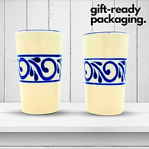Casa Fiesta Designs Mexican Shot Glasses, Tequilero Mexicano - Hand-painted in Mexico - Great for Tequila, Mezcal and Sangrita, 2 oz set of 2 - Tequilero Colonial White Flores Entre Lineas