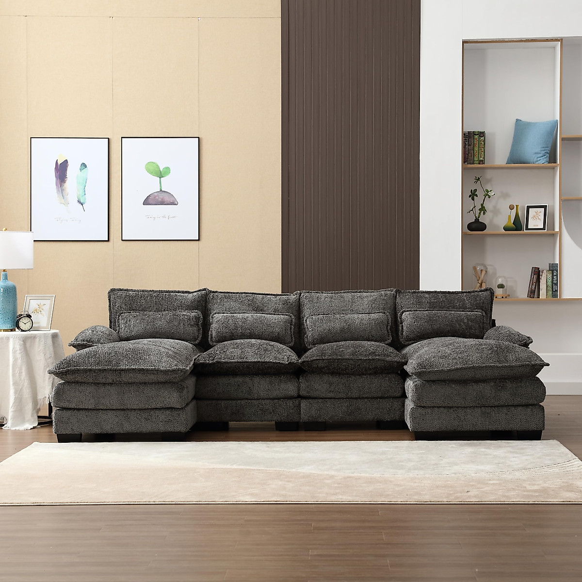 Oversized Modular Sectional Sofa Cloud Couch, U Shaped Chenille Upholstered Overstuffed Corner Couch with Double Chiase Lounge and Solid Wood Legs, 6 Seater Soft Sleeper Sofa&Couches for Home