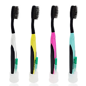 Dr. Dent Cladent Plus Charcoal Toothbrushes Regular Head Soft Whitening Brush for Adults Family Pack, Toothbrush for Gum Care, Individual Carrying Case & 4 Interdental Brush,(4 Colors,4 Pack)