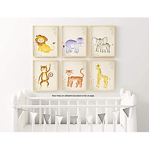 Safari Nursery Decor Jungle Baby Animals Prints for Nursery Decor Art - Large Giant Collection - 6 UN-Framed Neutral Kids Stuff Animal Theme Wall Prints. Elephant Giraffes boy Lion Buddies (5x7)