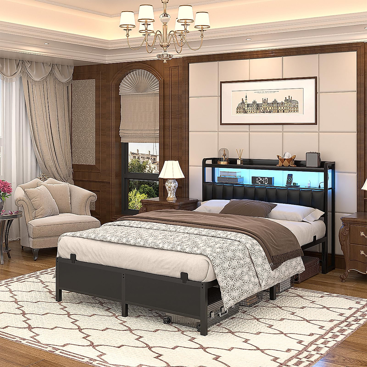 Homieasy Full Size Bed Frame with Charging Station, Adjustable Upholstered Faux Leather Headboard, Industrial Platform Bed with LED Lights, Steel Slat Support, No Box Spring Needed, Black