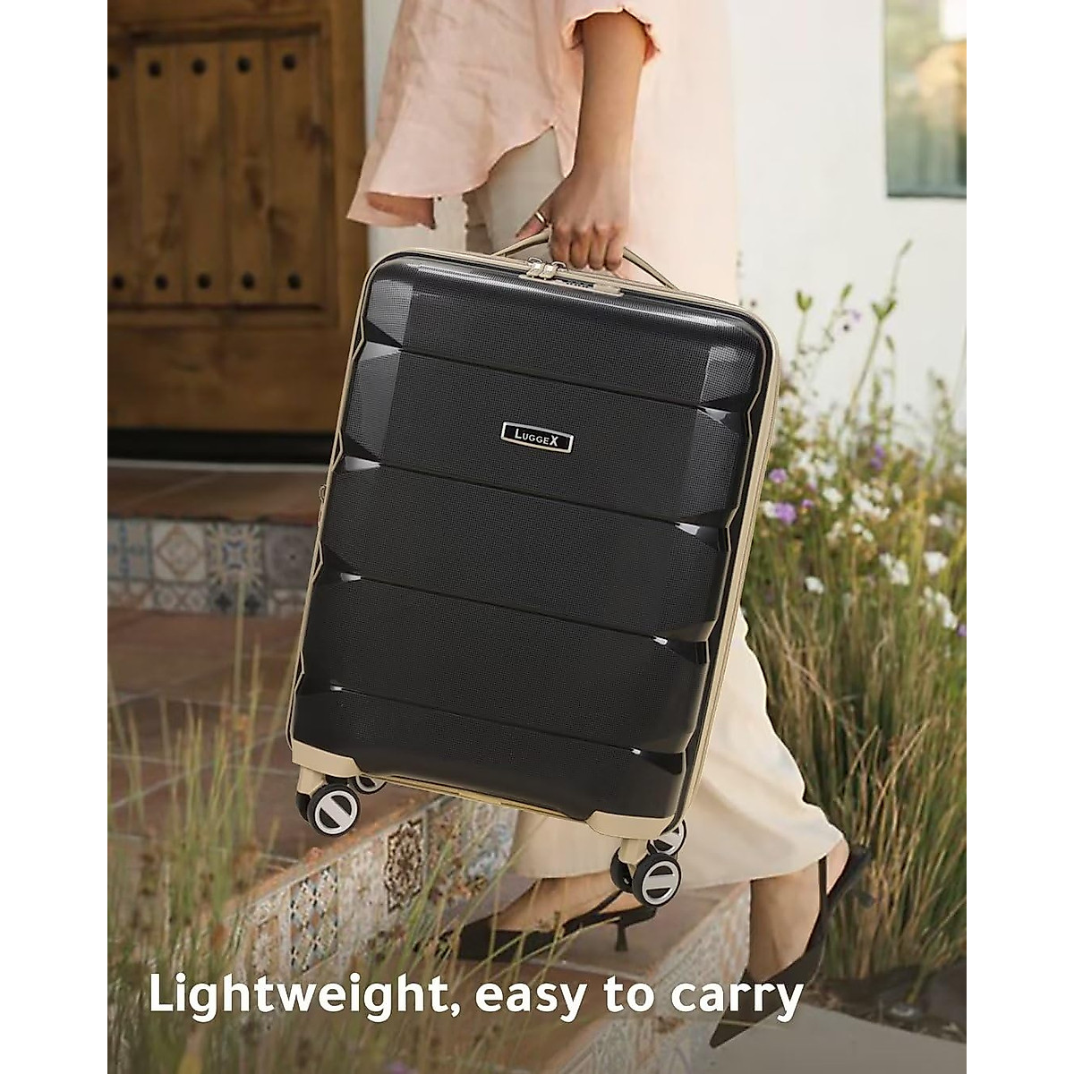 LUGGEX Black Carry On Luggage with Spinner Wheels, PP Lightweight Suitcase with 14 Inch Case, Expandable Luggage 2 Piece