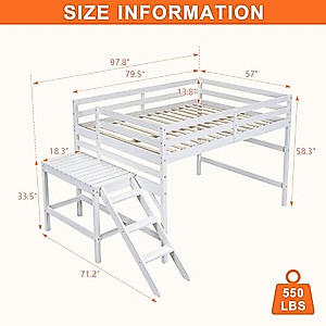 Dolonm Full Loft Bed with Platform, Wooden Low Height Loft Bed Frame with Ladder, Metal Loft Bed Frame for Kids Teens Adults, Full Size for Bedrooms, White