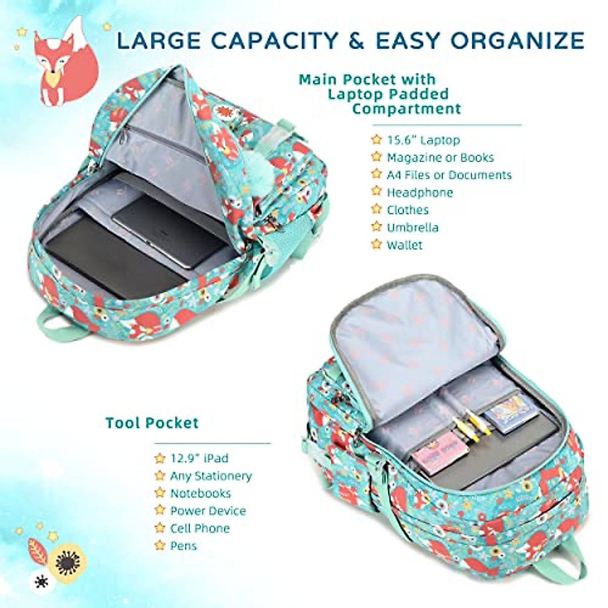 KIDNUO Girls Backpack,15.6 Inch Laptop School Bag Large Primary Elementary Middle College Bookbags Kids Backpacks for Teens Girls Women Students Anti Theft Travel Daypack (Green)