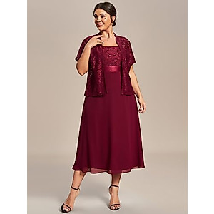 Ever-Pretty Plus Women's Curve Square Neck Lace Cardigan Chiffon Knee Length Plus Size Evening Dress Burgundy US22