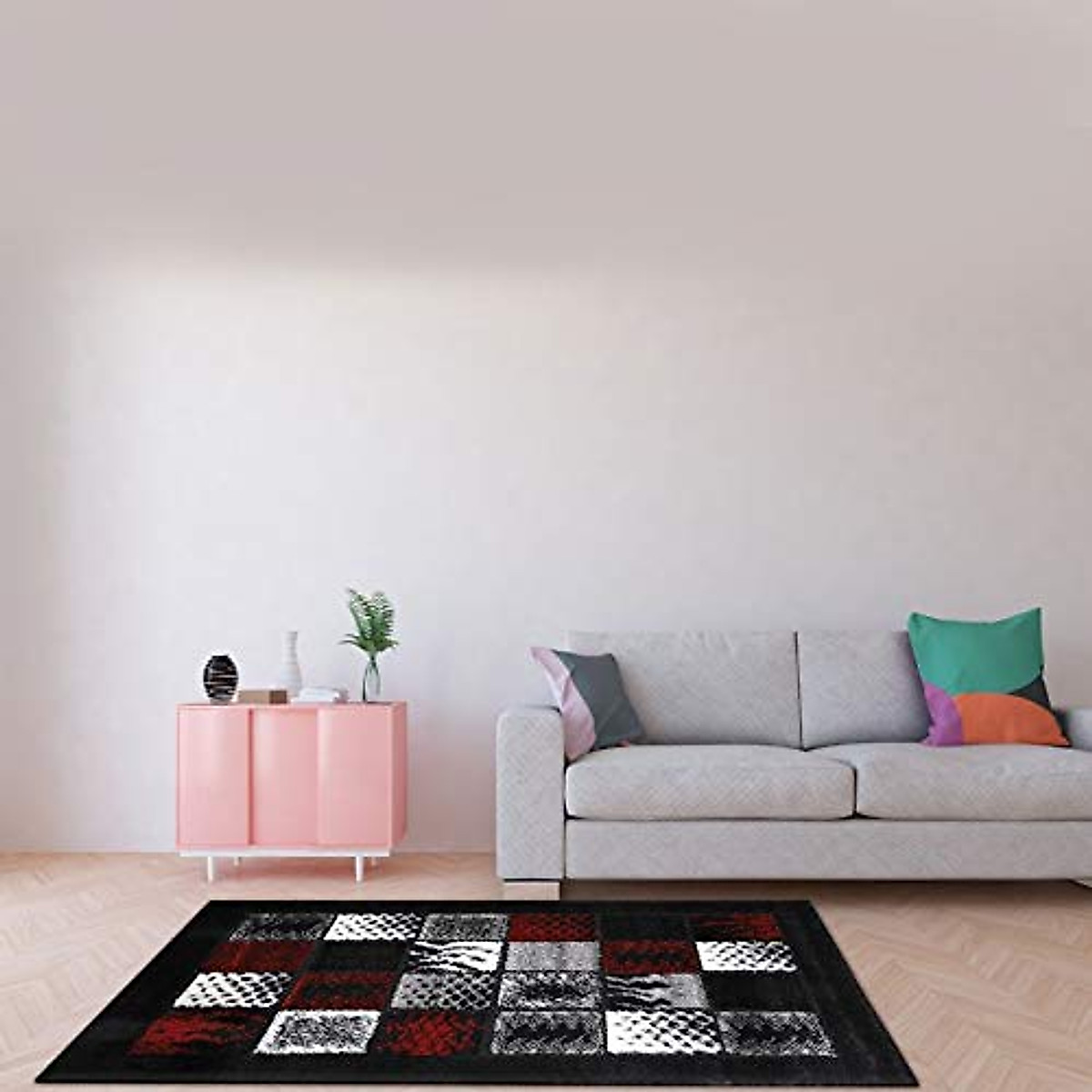 L'Baiet Rita Black Grey Red White Geometric Color Block Soft Shag Indoor 8' x 10' Area Rug