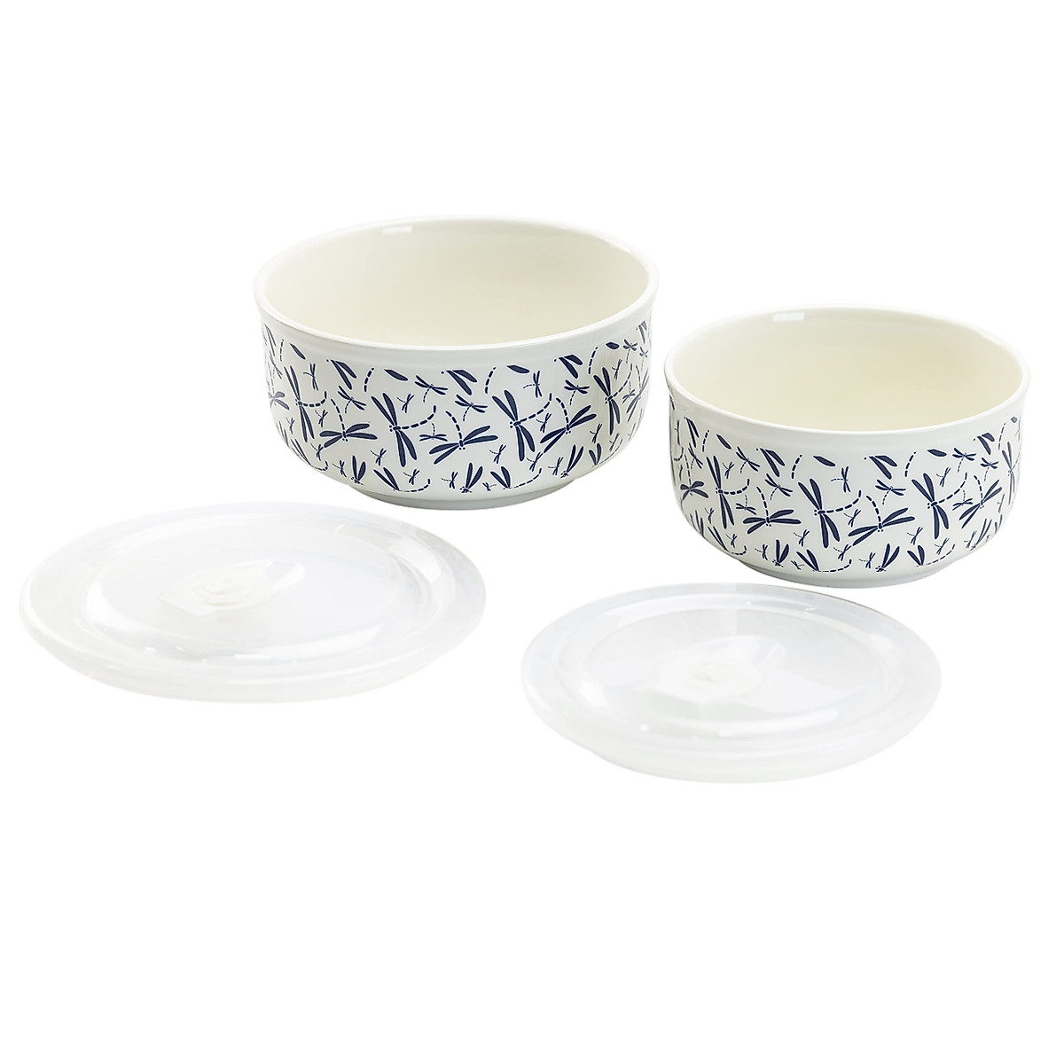 Grace Teaware Pantry Nested Porcelain Storage Bowls With Vented Lids, Large and Medium 2-Piece Set, (Dragonflies Dark Blue)