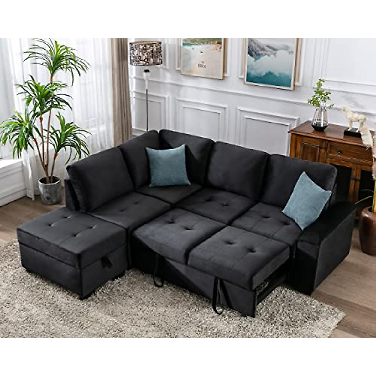 UBGO Sectional Modern L Shape Corner Convertible Sleeper Combination Sofa Bed Ottoman and Storage Hidden Arms Pull Out Sheet for Living Room Apartment, Black G