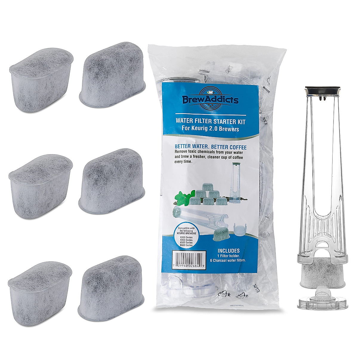 Brew Addicts Water Filter for Keurig 2.0 Coffee makers. Starter Kit: 6 filters & 1 Filter Holder. Replacement Water Filter Cartridges Kit Compatible with Classic Brewers
