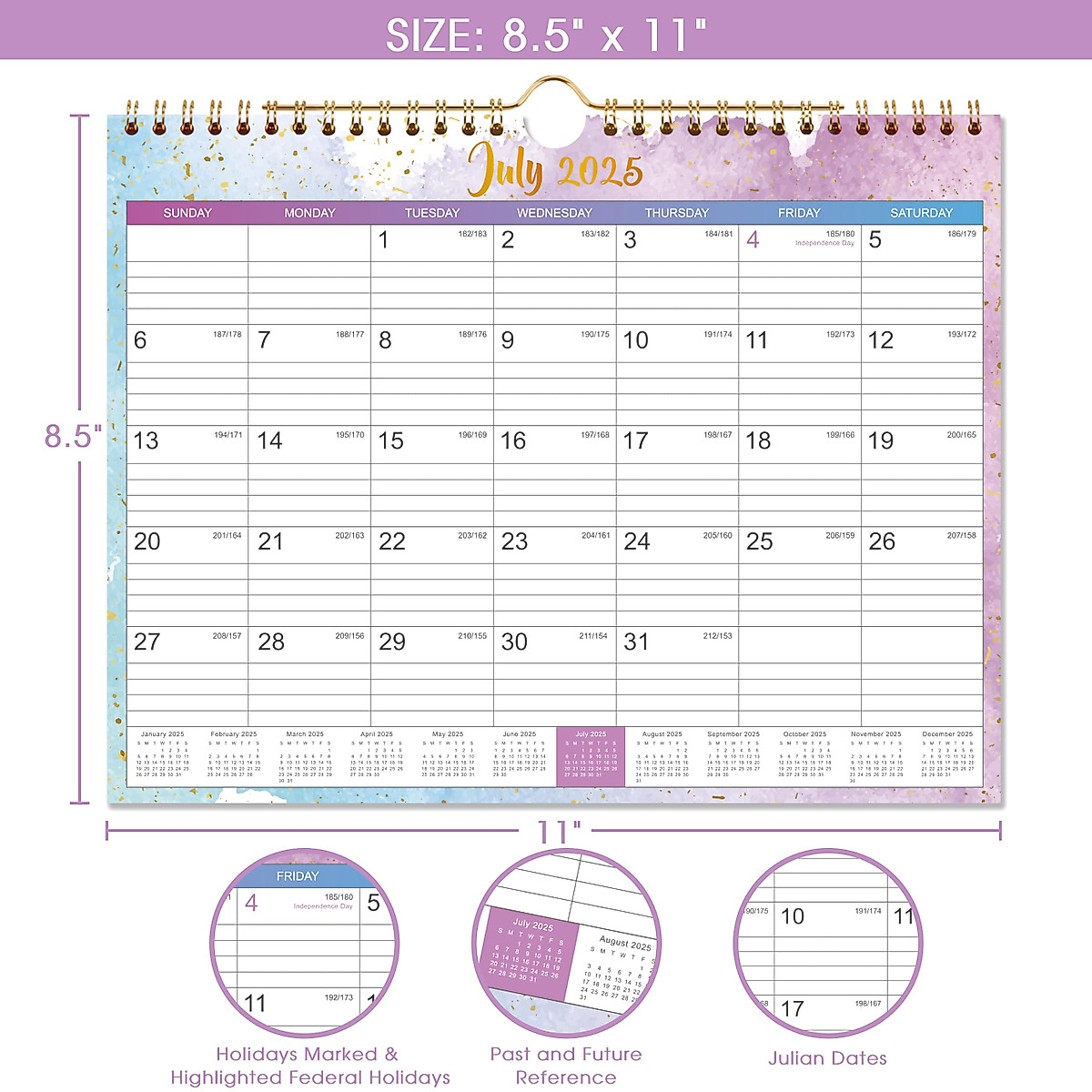 2025 Calendar - Wall Calendar 2025, Jan. 2025 to Dec. 2025, 11" x 8.5", 12 Monthly Wall Calendar 2025 with Julian Date - Waterink