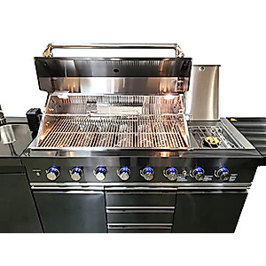 MCP Island Grills Black Stainless Steel 6 Burner 2 Modular Piece Marble Top BBQ Outdoor Electric Propane Grill Kitchen with Refrigerator, Sink, Side Burner, LED Lights on Knobs, & Protective Cover
