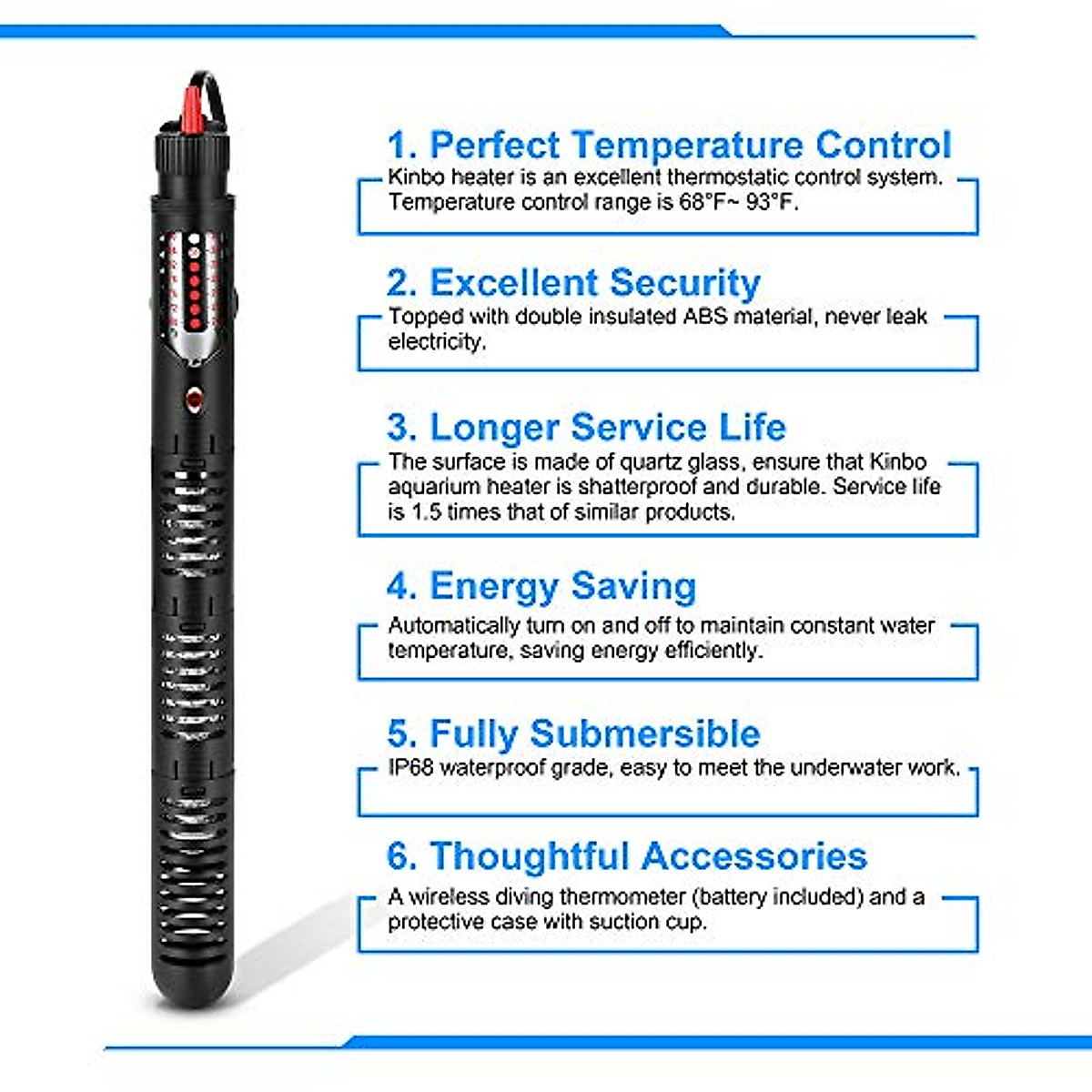 Kinbo Aquarium Heater 300 Watt Submersible Fish Tank Heater Adjustable Temperature with Diving Thermometer and Protective Case Suction Cup