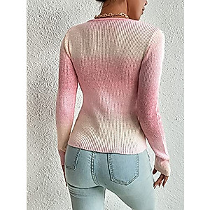 Floerns Women's Ombre Print Long Sleeve V Neck Rib Knit Pullovers Sweater Top Pink M