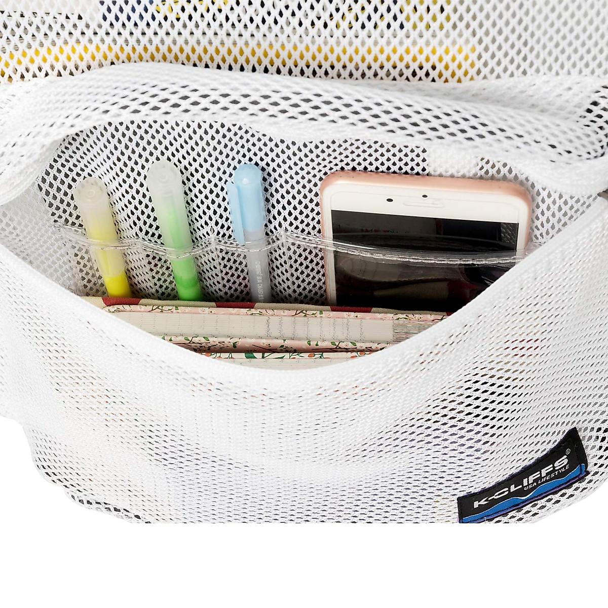 K-Cliffs Heavy Duty Mesh Backpack Classic Student Bookbag Durable See Through Netting Gym Bag Pack | Padded Straps (White)