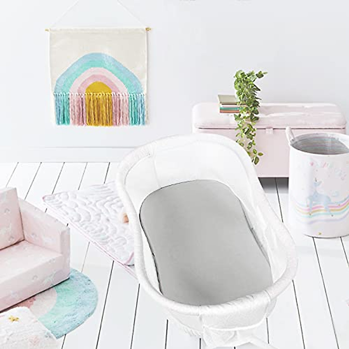 AMROSE Heavenly Soft Microfiber Bassinet Sheets, Fit for Halo Bassinest Swivel Sleeper, 2 Pack Hourglass Bassinet Mattress Sheet Set for Boys Girls, White & Gray