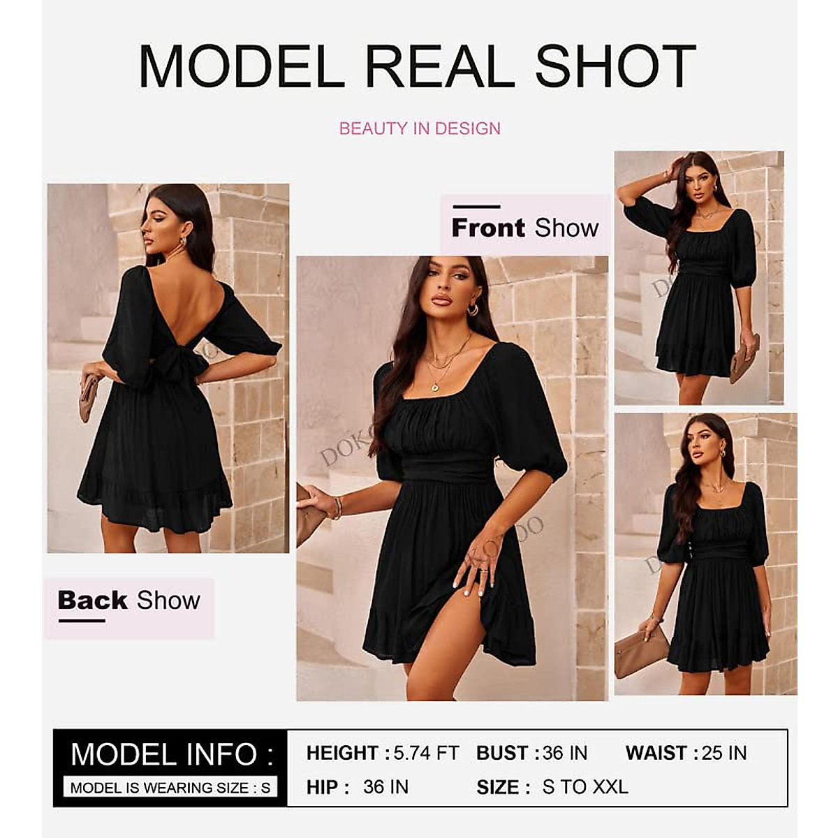 Dokotoo Square Neck Black Dresses for Women Tie Back Sexy Dress Lantern Sleeve Ruffle A-Line Mini Dress Wedding Guest Casual Summer Dresses for Women Medium