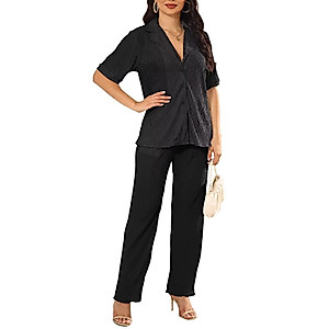 Ekaliy Women 2 Piece Dressy Outfits Short Sleeve Button Down Shirts Blouses Tops Wide Long Pants Summer Tracksuit Black 2XL