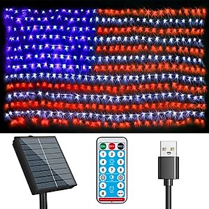 MZD8391 Solar American US Flag Lights [Solar & USB 2 Power Way], 420 LEDs Waterproof USA Net Lights, 6.75 FT x 3.53 for Garden, 4th of July, Independence Day Decoration