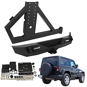 cciyu Texture Black Rear Bumper with and Tire Carrier and LED Lights, 2" hitch receiver Compatible for Jeep Wrangler JK 2007-2018