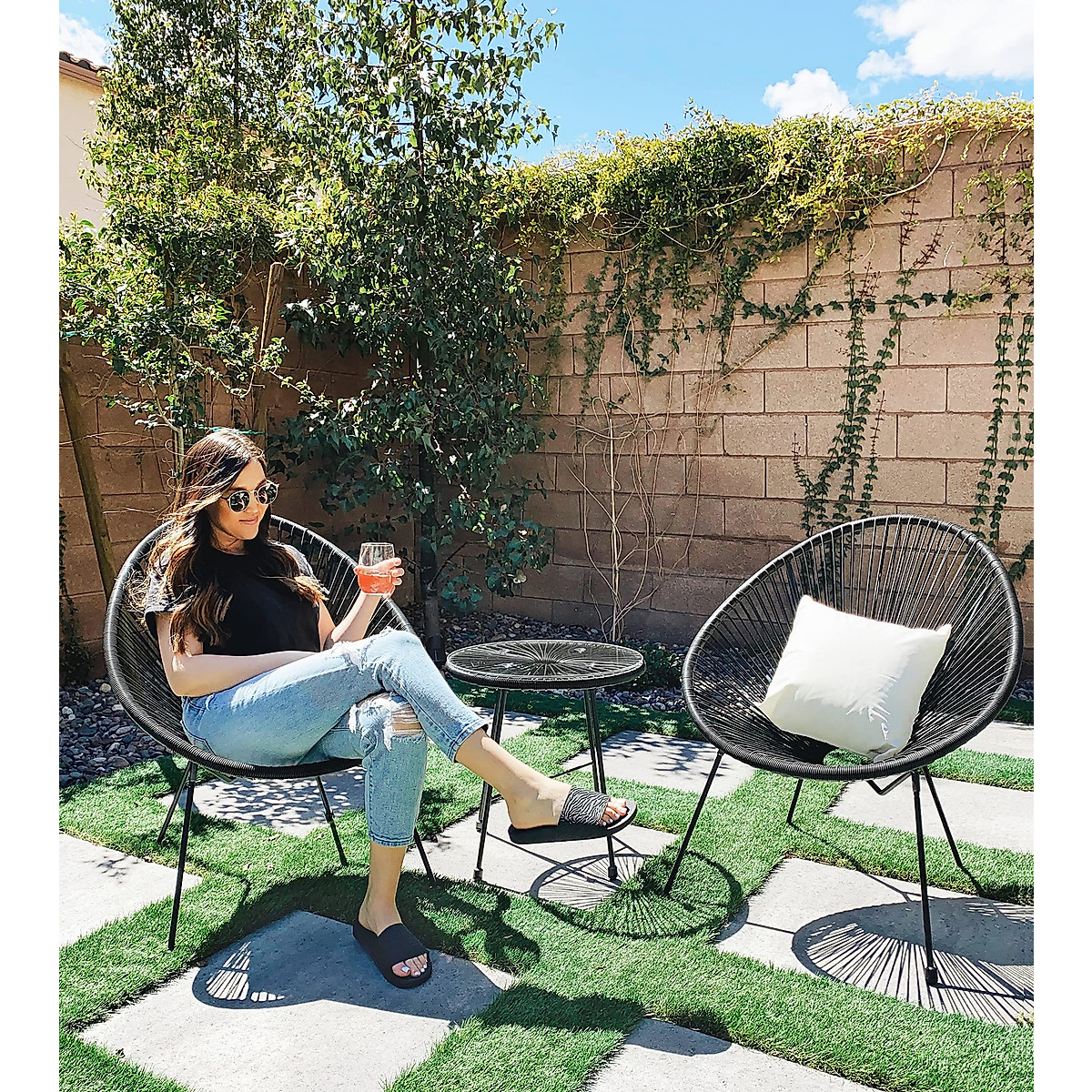 SONGMICS 3-Piece Seating Acapulco, Modern Patio Furniture, Glass Top Table and 2 Chairs Indoor and Outdoor Conversation Bistro Set, Black