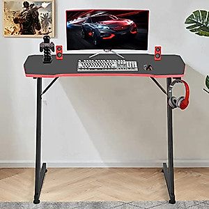 BLKMTY 47" Gaming Desk Z Shaped Gaming Desk Large Home Office Desks PC Computer Desk Workstation Study Desk Table Ergonomic Gamer Desk Wood Writing Desk with Headphone Hook for Game Player, Red