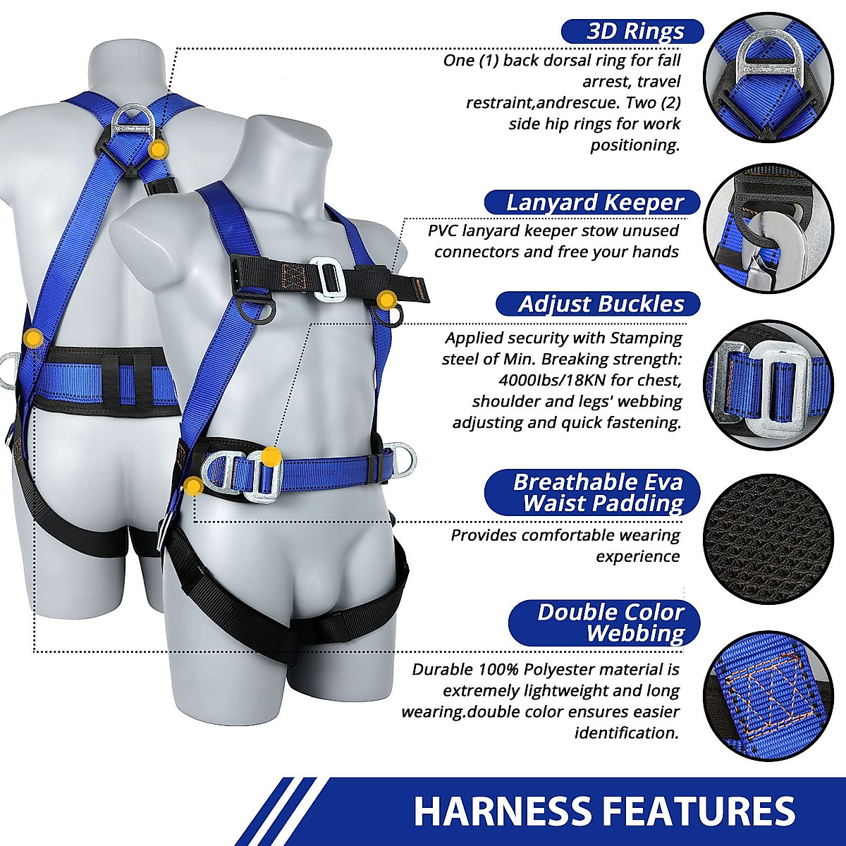 TT TRSMIMA Safety Harness Fall Protection Kit: Full Body Roofing harnesses with Shock Absorbing Lanyard - Updated Comfortable Waist Pad