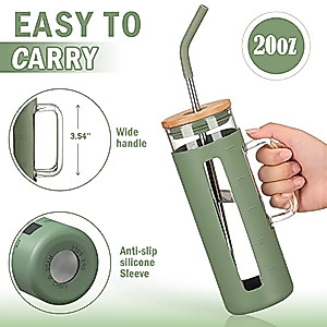 Kodrine Tumbler with Lid and Straw, 20 oz Glass Coffee Tumbler with Handle, Smoothie Cup with Bamboo Lid | Time Marker | Silicone Protective Sleeve, BPA Free - Olive