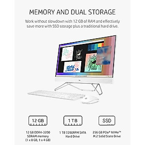 HP 27” All-in-One Desktop PC, AMD Ryzen 7 5700U, 12 GB RAM, 256 GB SSD & 1 TB Hard Drive, Full HD IPS Display, Windows 11 Pro, 720p Privacy Webcam, Dual Mics, Keyboard and Mouse (27-CB0052, 2022)