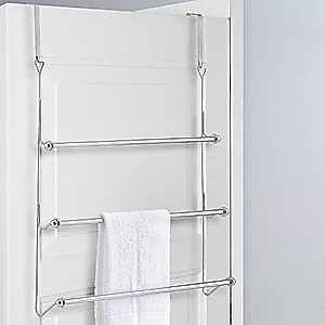 MyGift 3 Tier Silver Metal Over The Door Bathroom Towel Rack, Small Space Extra Storage Towel Bar Hanger