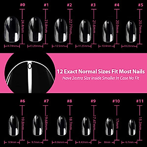 UNA GELLA Round Almond Fake Nails Clear Medium 216 pcs Oval Nail Tips Almond Oval Press on Nails for Full Cover Acrylic Almond Oval Nails French False Nails 12 Sizes False Soft Gel Tips