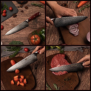 Chef Knife Damascus 8 Inch Japanese Professional Gyuto Vg10, High Carbon Steel Core With 67 Layer Stainless Steel Forged For Kitchen Cooking with Wood Handle