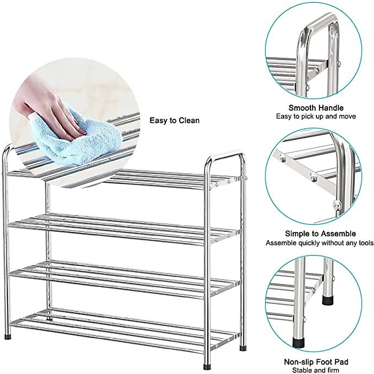 NEFSO 3-Tier Shoe Rack, 100% Stainless Steel Shoe Cabinet, Stackable 9 Pairs of Storage Racks, Suitable for Bedroom, Closet, Entrance, Dorm, L26 w9 h20(Silver)-Three Floors-Silver