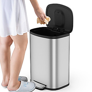 Ufurpie 13 Gallon/50L Trash Can with Foot Pedal, Stainless Steel Garbage Can with Soft-Close Lid, Garbage Bin Exquisite Oval Shape Cover Hands-Free for Kitchen, Bathroom, Office
