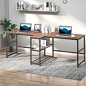 HOMCOM 83" Two Person Computer Desk with 2 Storage Shelves, Double Desk Workstation with Book Shelf, Long Desk Table for Home Office, Dark Walnut