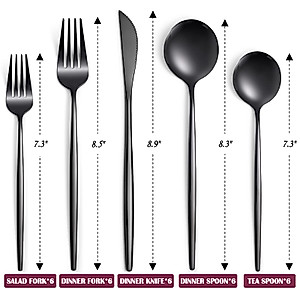 Black Silverware Set 30 Pieces, Black Flatware Utensil Cutlery Set for 6, Stainless Steel Black Forks Spoons and Knives Set Service for 6, Mirror Polished