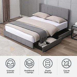 ZAFLY Platform King Size Bed Frame with Adjustable Headboard,Upholstered Cal King Bed Frame with 4 Storage Drawers,Wooden Slats Support,No Box Spring Needed (Dark Grey)