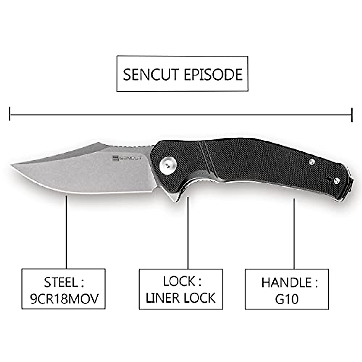 SENCUT Episode Flipper Pocket Knife, 3.48 Inch 9Cr18Mov Folding Knife with Clip Point Blade, EDC Knife with Textured Black G10 Handle, Good for Hunting, Camping SA04B