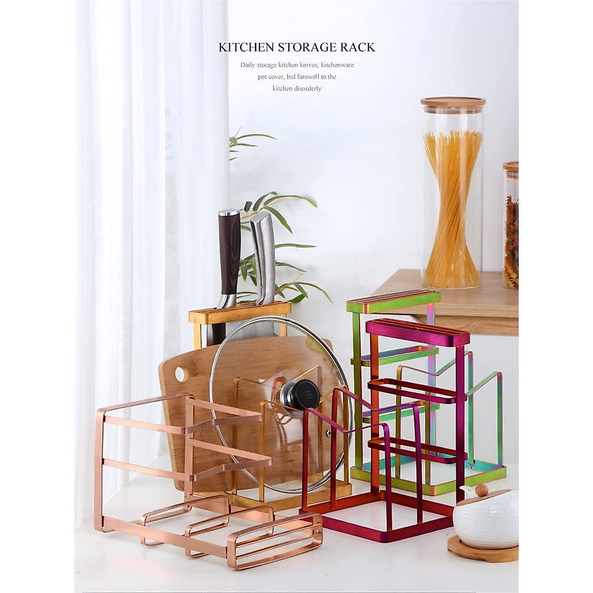 Knife Holder Bakeware Organizer Pot Lid Holder Rack for Pots, Cake Molds, Cutting Boards, Mats, Cookware-Rose Gold