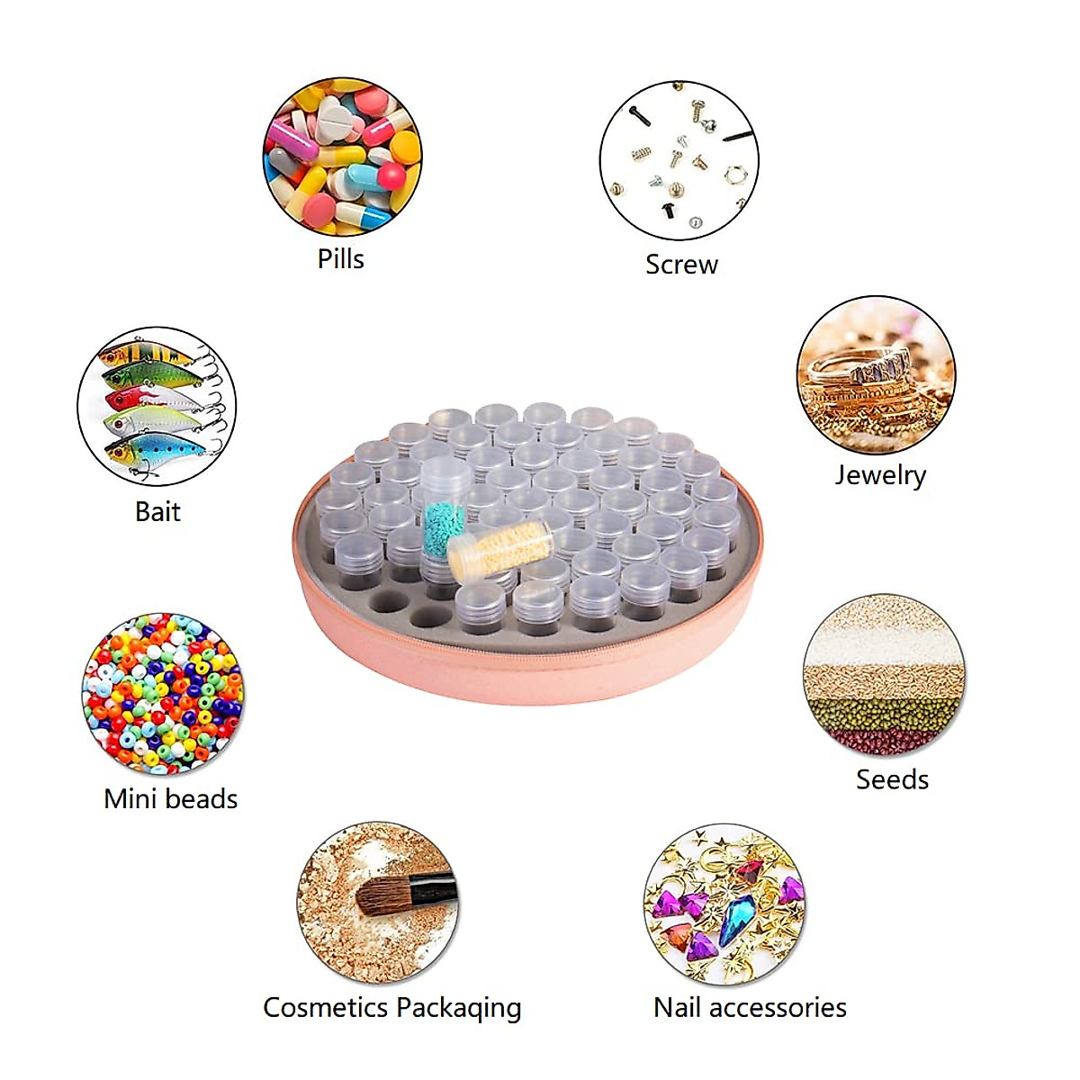 VERREO 60-Slot Diamond Painting Storage Box, Bead Storage Container Diamond Painting Accessories Kit 5D Diamond Art Craft Jewelry Pearl Ring Charm Flash Storage Box (60 Slots Pink Round)