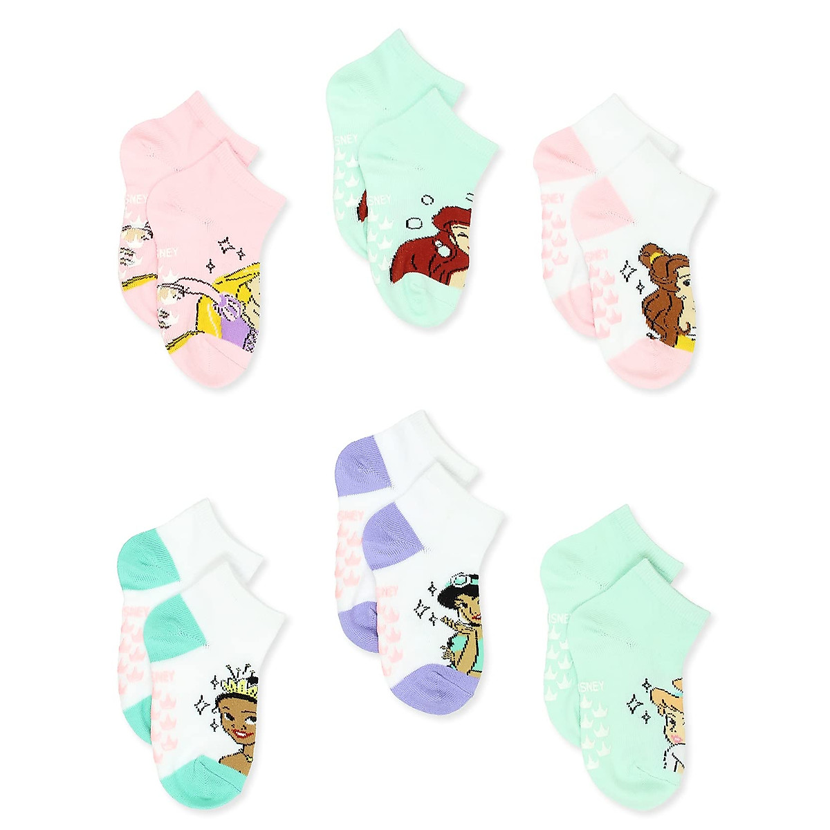 Disney Princess Toddler Girls 6 Pack Socks with Grippers (X-Small (2-4T), Aqua Blue)