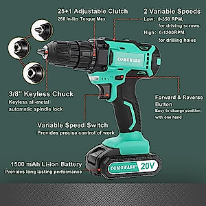 COMOWARE 20V Cordless Drill, Electric Power Drill Set with 1 Battery & Charger, 3/8” Keyless Chuck, 2 Variable Speed, 266 In-lb Torque, 25+1 Position and 34pcs Drill/Driver Bits