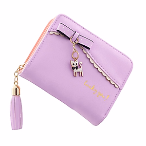 Suxgumoe Small Wallet for Women Girls PU Leather Bifold Short Wallet Tassels Cute Cat Women Wallet Ladies Purse with Coin Pocket (PURPLE)
