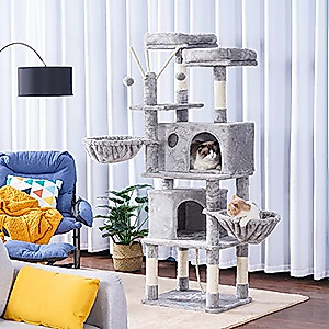 Hey-brother Cat Tree,Cat Tower,Cat Condo with Scratching Posts,Basket,2 Caves,2 Plush Perches,Activity Center with Removable Fur Ball Sticks,Light Grey MPJ027W